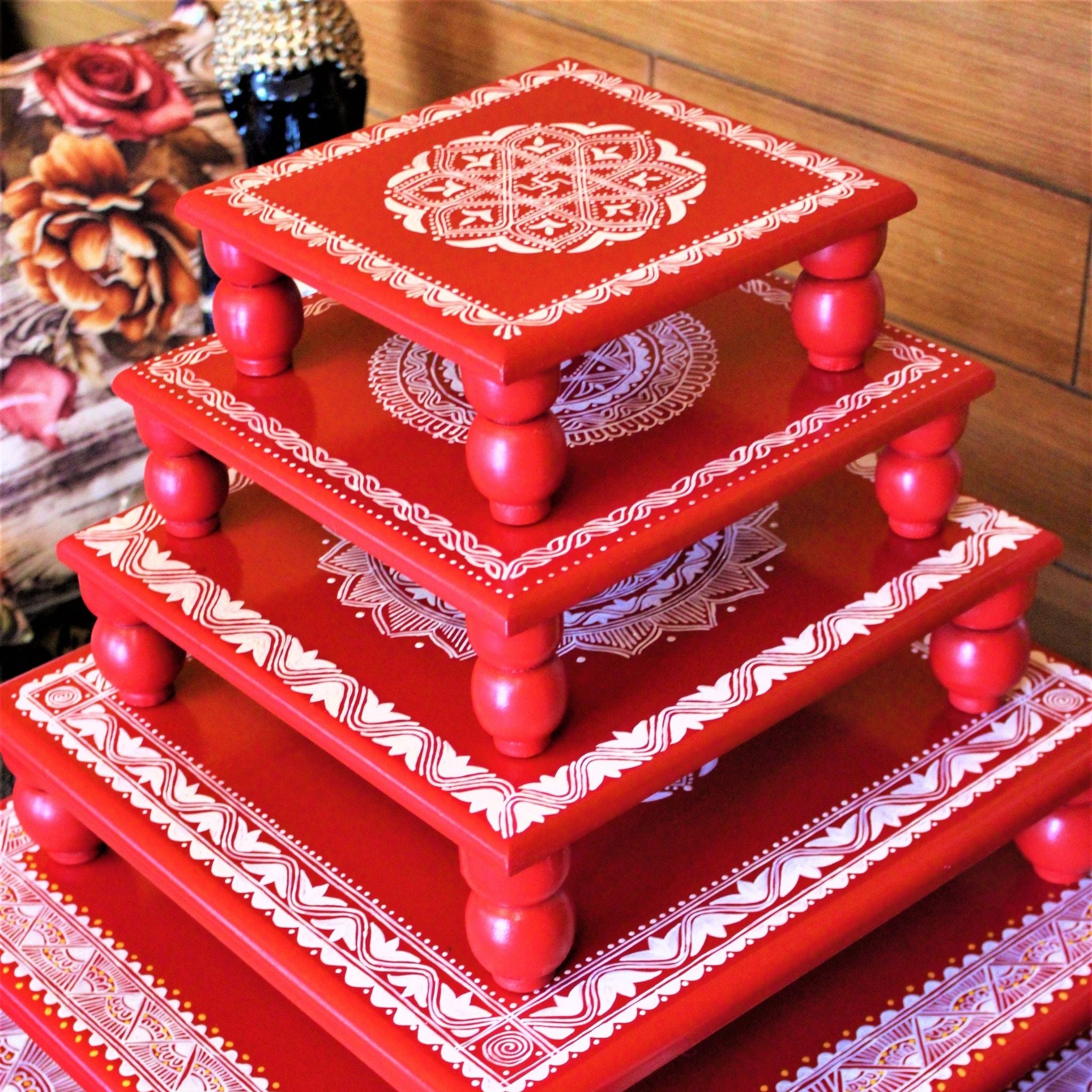 Aipan Inspired Handpainted Square Wooden Puja Table / Chowki / Footsto ...